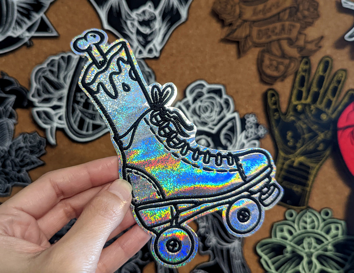 Broken Leg Roller Skater Silver Glitter Holo Vinyl Embroidered Iron On ...