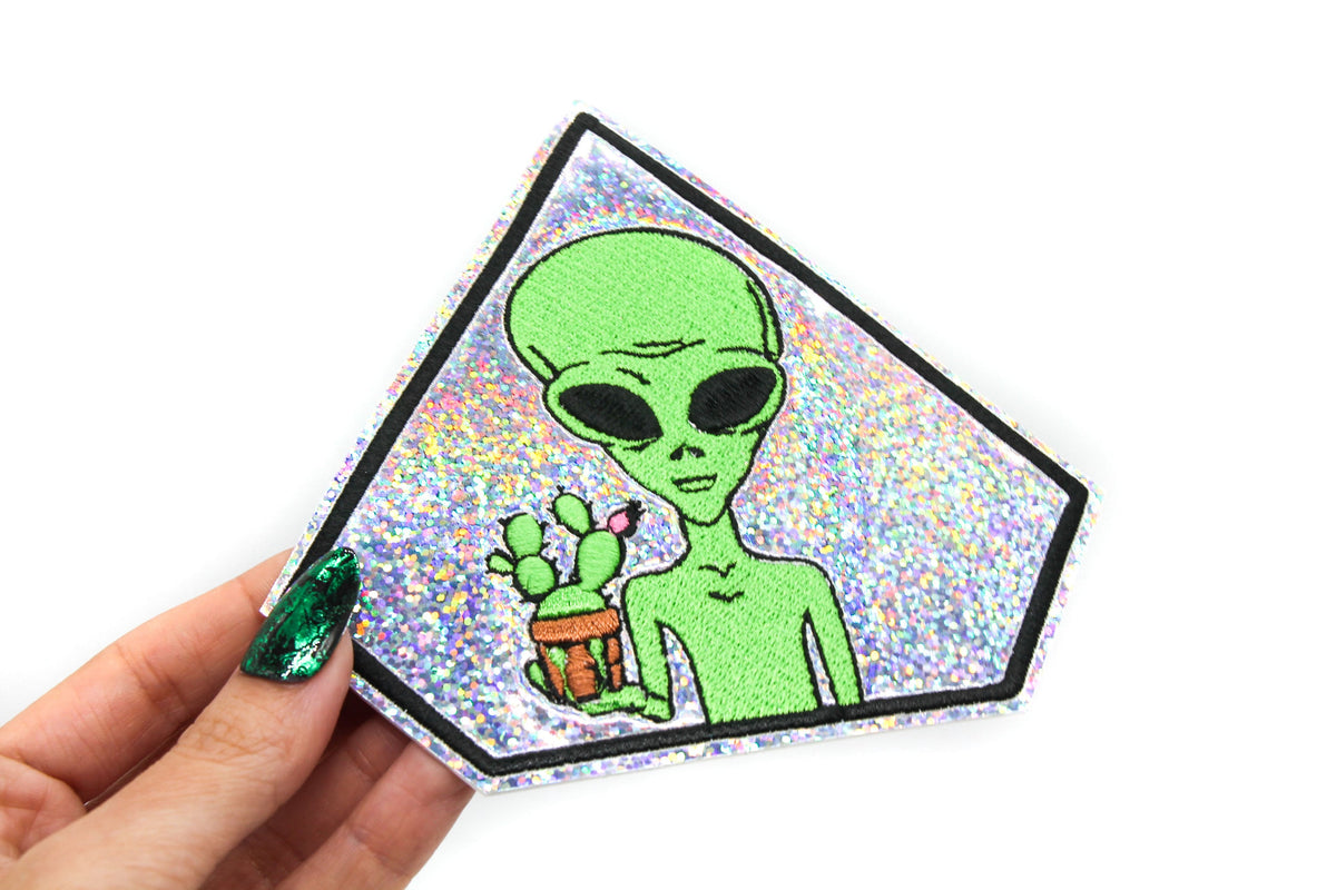 Alien Holding Cactus Plant Holographic Glitter Vinyl Iron On Embroider ...